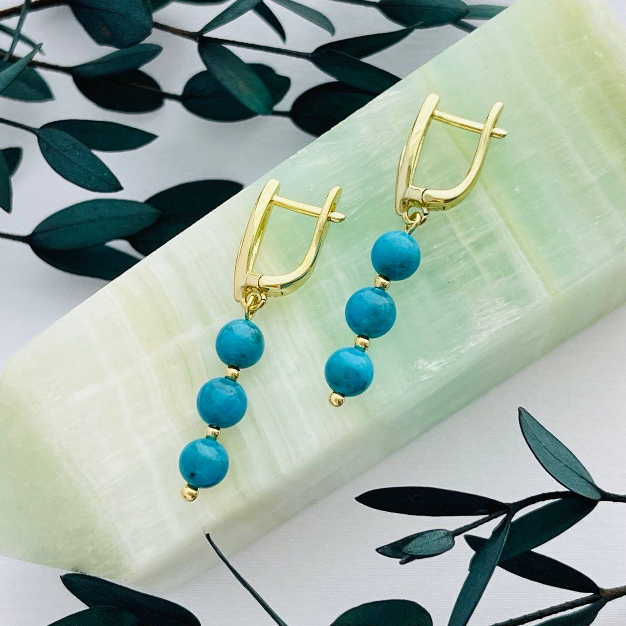 Купить Серьги тройные из Бирюзы 35 мм Золото 18К 6 мм артикул 101778 ...